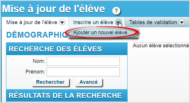 Mise à jour de l'élève : Ajout d'un nouvel élève