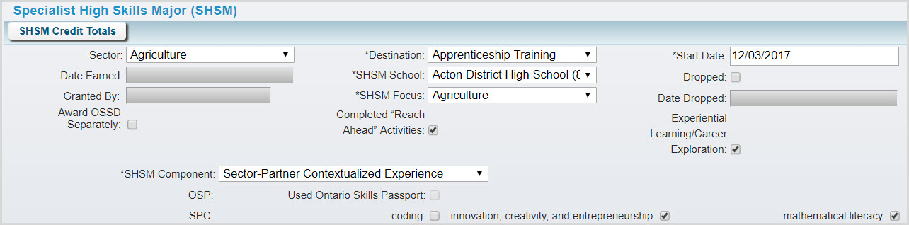 Secondary Achievement Setup: SHSM OSP, SPC choices