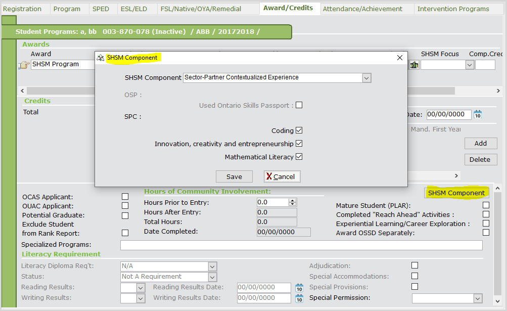 Secondary Achievement Setup: SHSM OSP, SPC choices